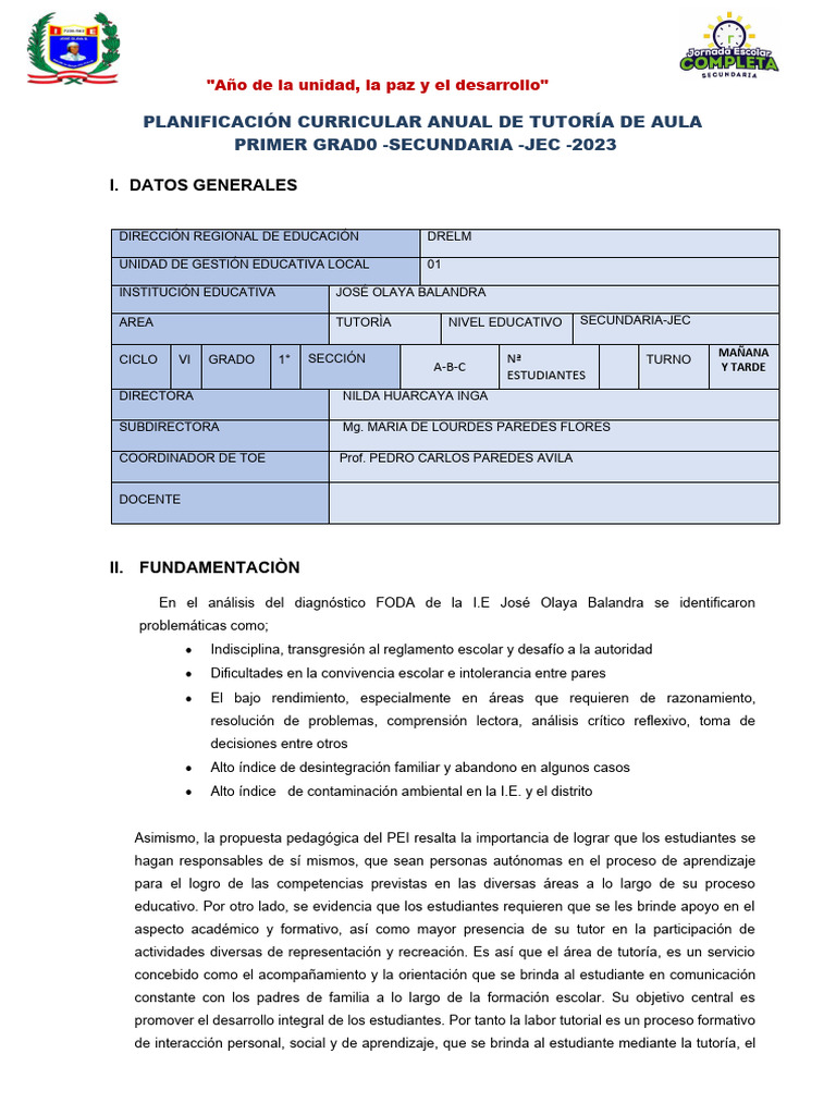 1 - Plan Tutorial de Aula 1ro - 2023 | PDF