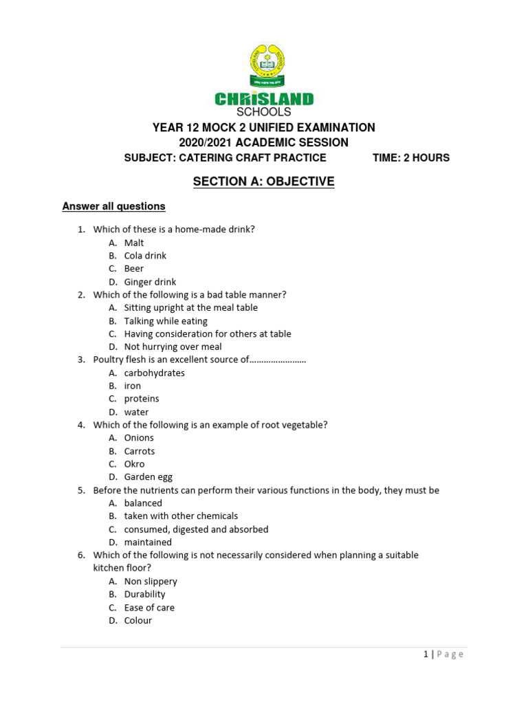 Catering Craft Practice Year 12 | PDF | Cooking | Hygiene