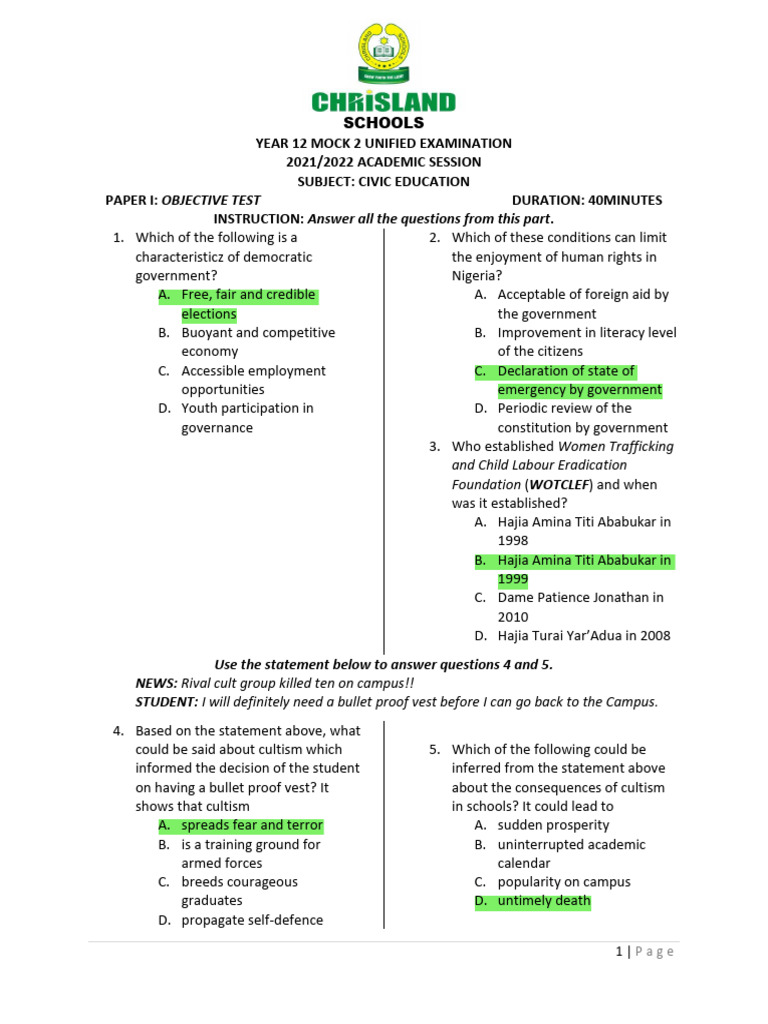 Civic Education Exam: JSS3 Cultism Focus | PDF | Human Rights | Hiv/Aids