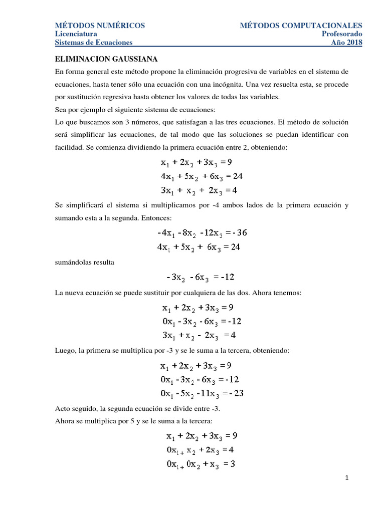 1-Eliminacion de Gauss | PDF | Ecuaciones | Algoritmos