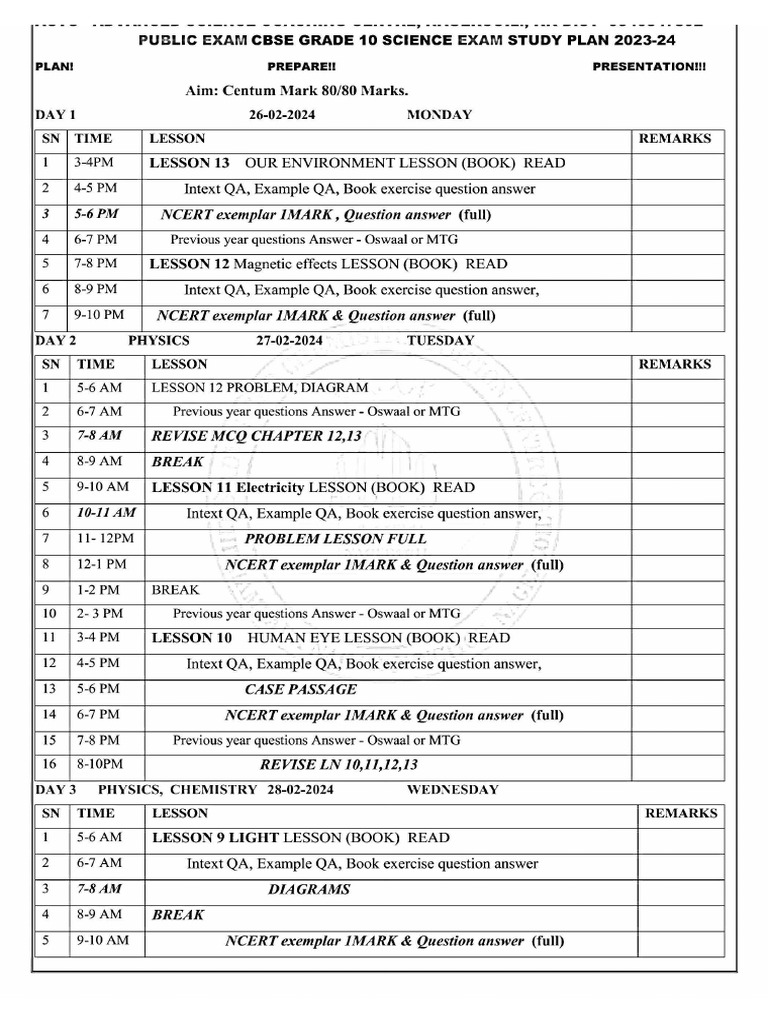 2023-24 Cbse 10 Science Study Plan | PDF
