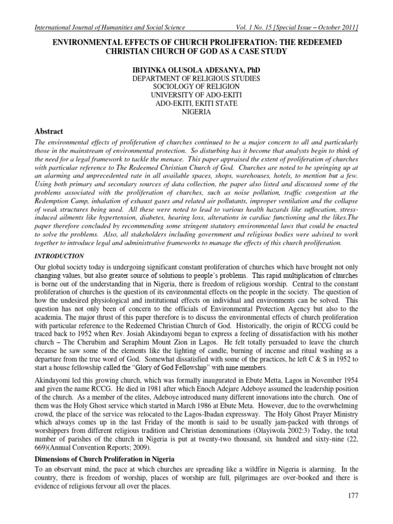 Environmental Effects of Church Proliferation: The Redeemed Christian ...