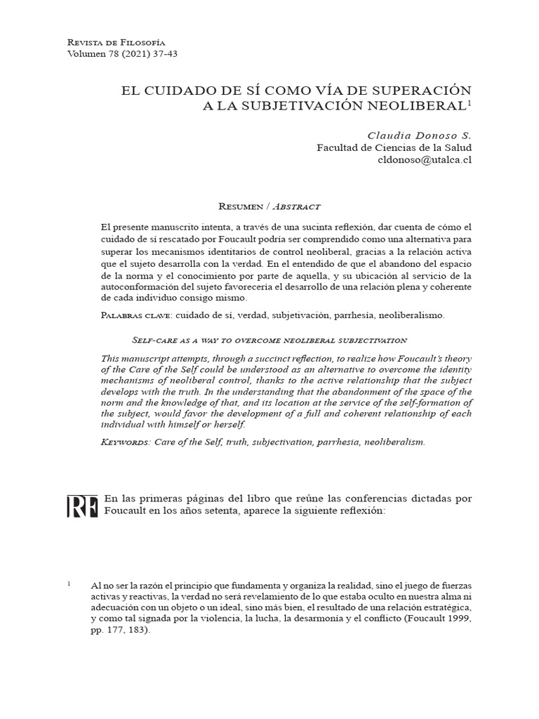 El Cuidado de Si Como Via de Superacion A La Subjetivación Neoliberal ...