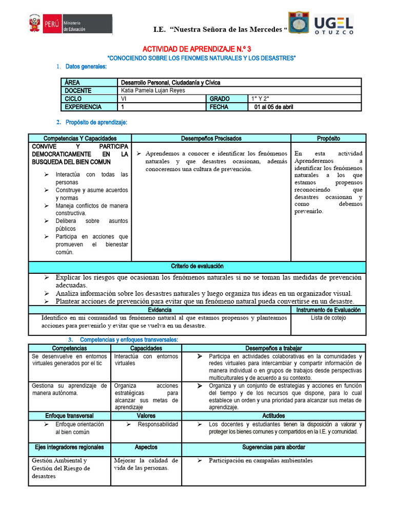 Exp 1 Act de Apre N°3 1°y2° DPCC | PDF