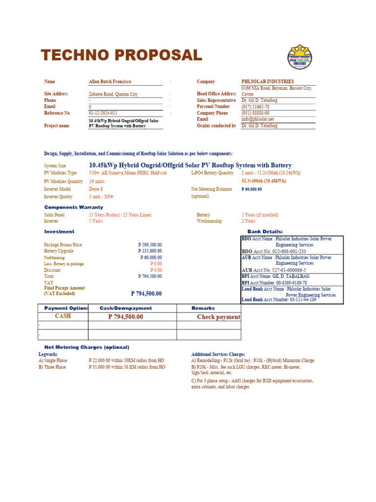 10.45kWp Hybrid Solar PV Proposal | PDF | Solar Power | Photovoltaics