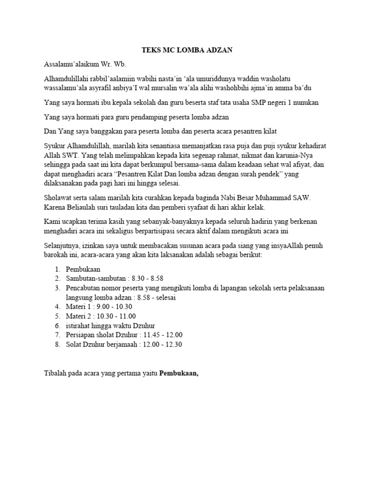 Script MC Susunan Acara Pesantren Kilat | PDF | Karier & Perkembangan | Kajian Bahasa Asing