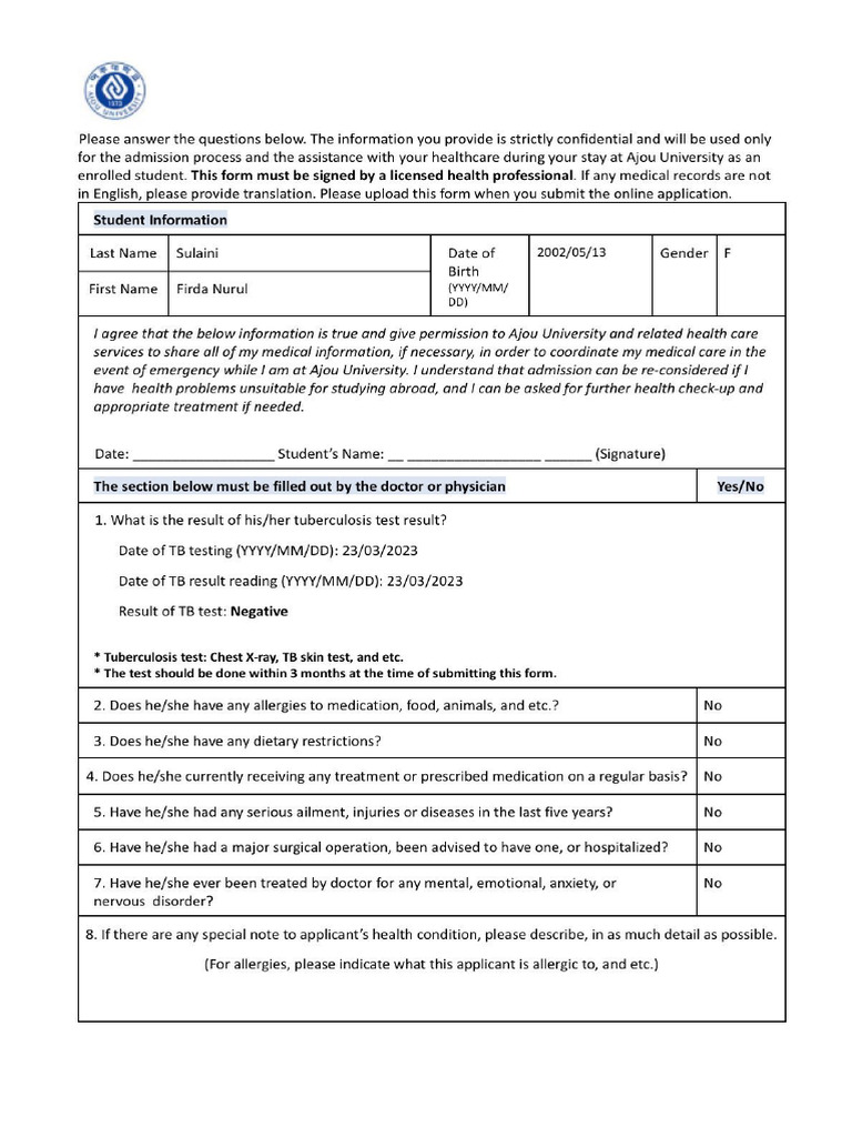 Ajou - Health - Medical - Clearance - Form 2 | PDF
