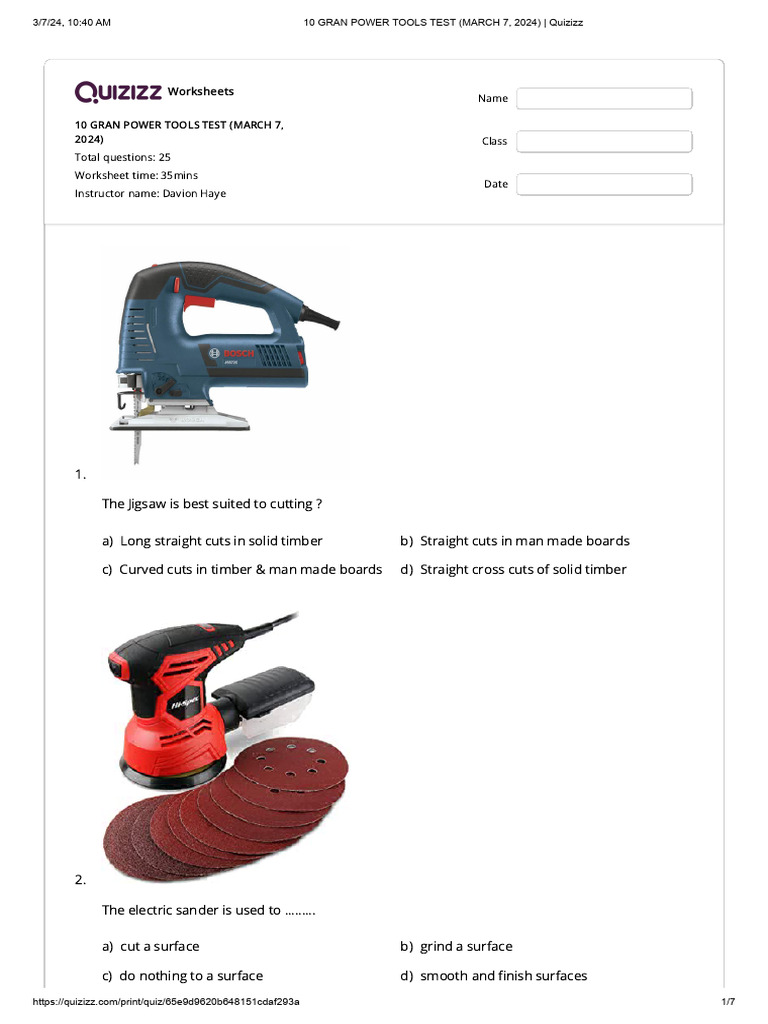 POWER TOOLS TEST (MARCH 7, 2024) - Quizizz | PDF | Crafts | Woodworking
