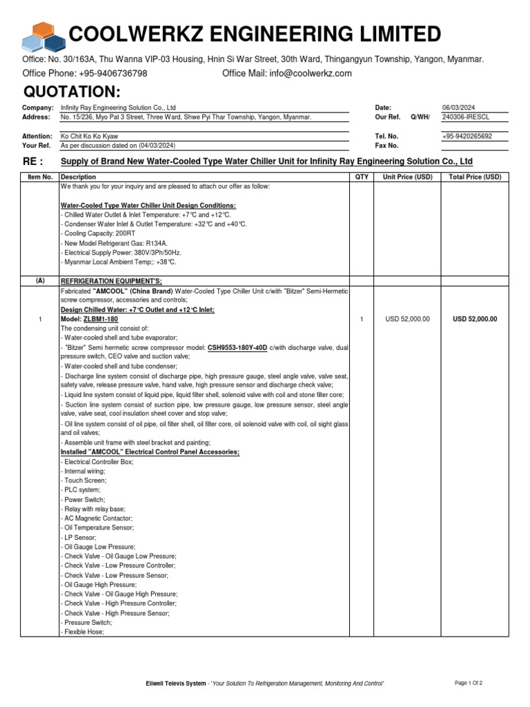 2024 Water Chiller Quotation for IRESCL | PDF | Tools | Machines