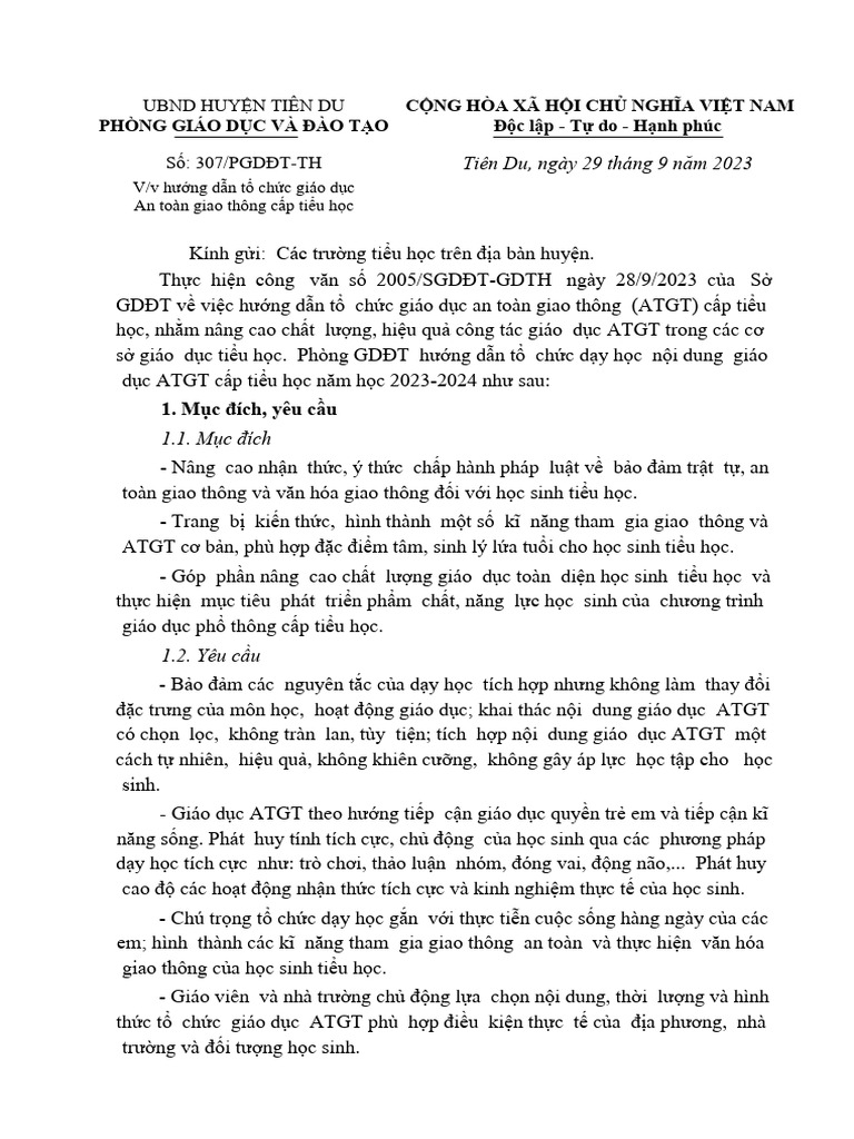 So 307 Cong Van Huong Dan Day Hoc ATGT Nam Hoc 2023-2024 Cap Tieu Hoc b08721709538719638 | PDF