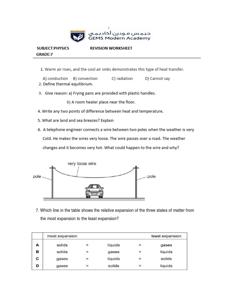 7th Grade Physics Revision Worksheet | PDF | Temperature | Heat