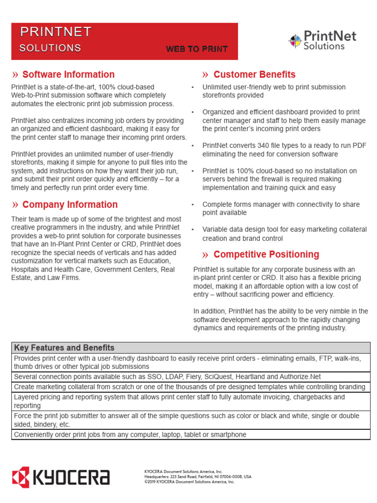 Kyocera PrintNet Sell Sheet | PDF | Computing | Information Technology