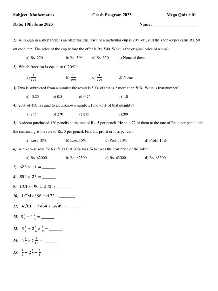 Crash Mega Quiz 1 | PDF | Ratio | Mathematics