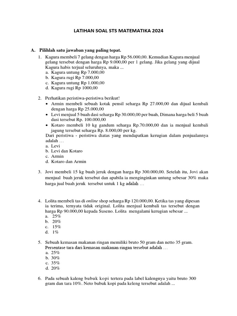 LATIHAN SOAL STS MATEMATIKA 2024 (Fix) | PDF