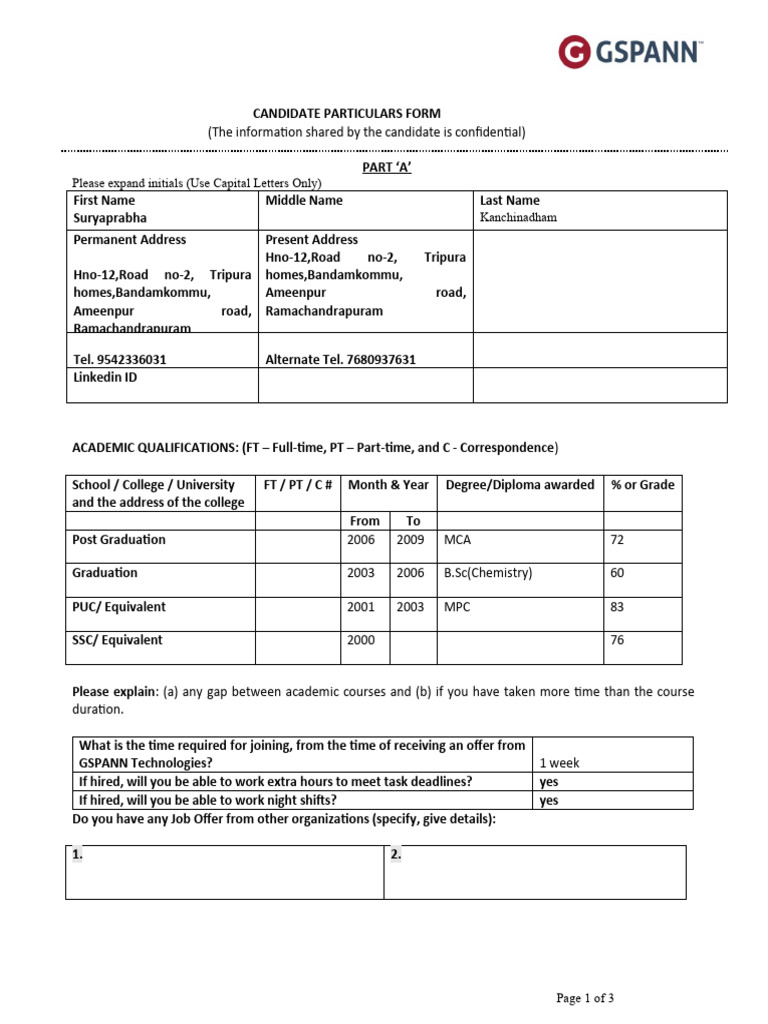 Candidate Particular Form - GSPANN Technologies | PDF | Employment ...