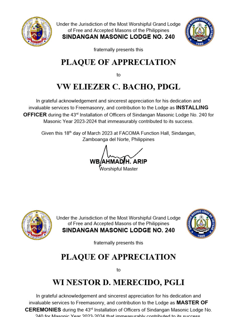 Plaque of Appreciation Final | PDF | Freemasonry | Masonic Lodge