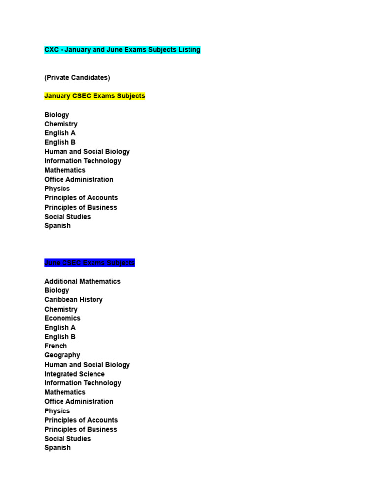 CXC Private Candidates - January and June Exams Subjects Listing | PDF ...