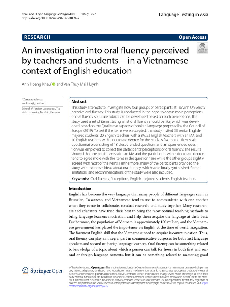 An Investigation Into Oral Fluency Perceived by Teachers and Students-In A Vietnamese Context of ...