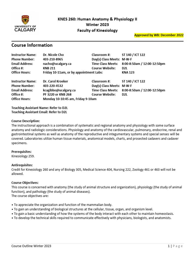 KNES 260 Course Outline Winter 2023 | PDF | Anatomy | Physiology