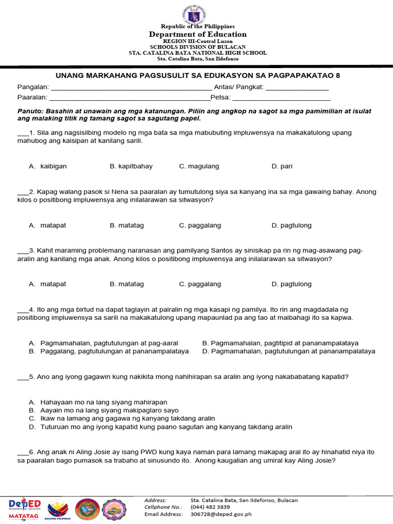 Esp8 q1 Unang Markahang Pagsusulit | PDF