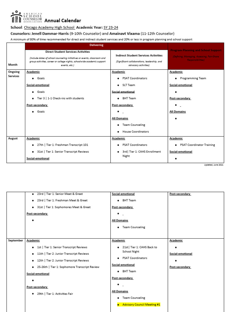 team counseling annual calendar sy 24 | PDF | School Counselor ...