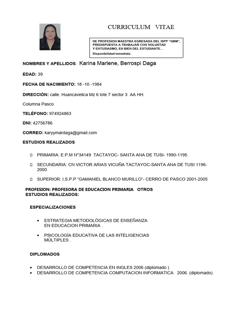 CURRICULO VITAE KARY 2024 Wor | PDF | Maestros | Aprendizaje