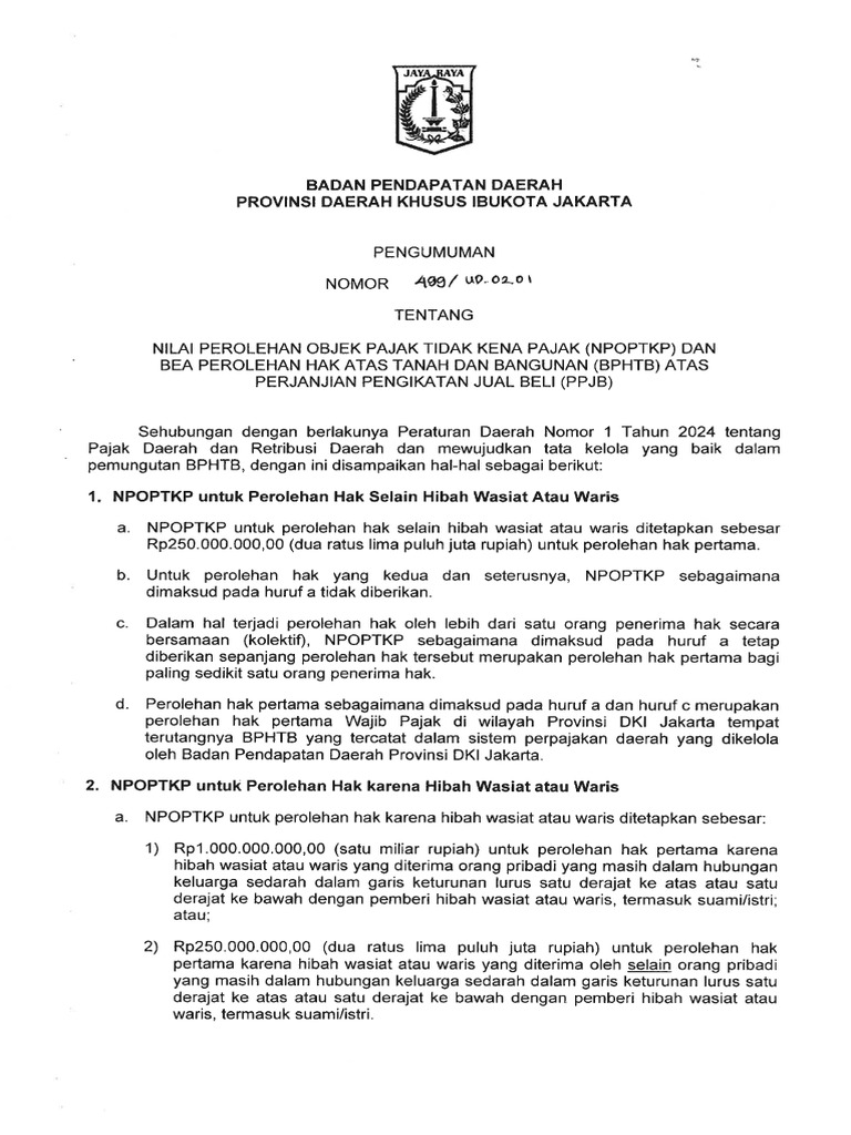 Pengumuman TTG NPOPTKP Dan BPHTB Atas PPJB | PDF