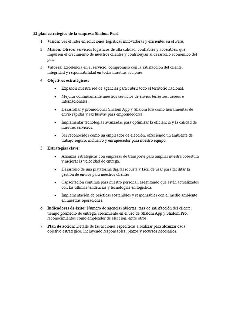 El Plan Estratégico de La Empresa Shalom Perú | PDF