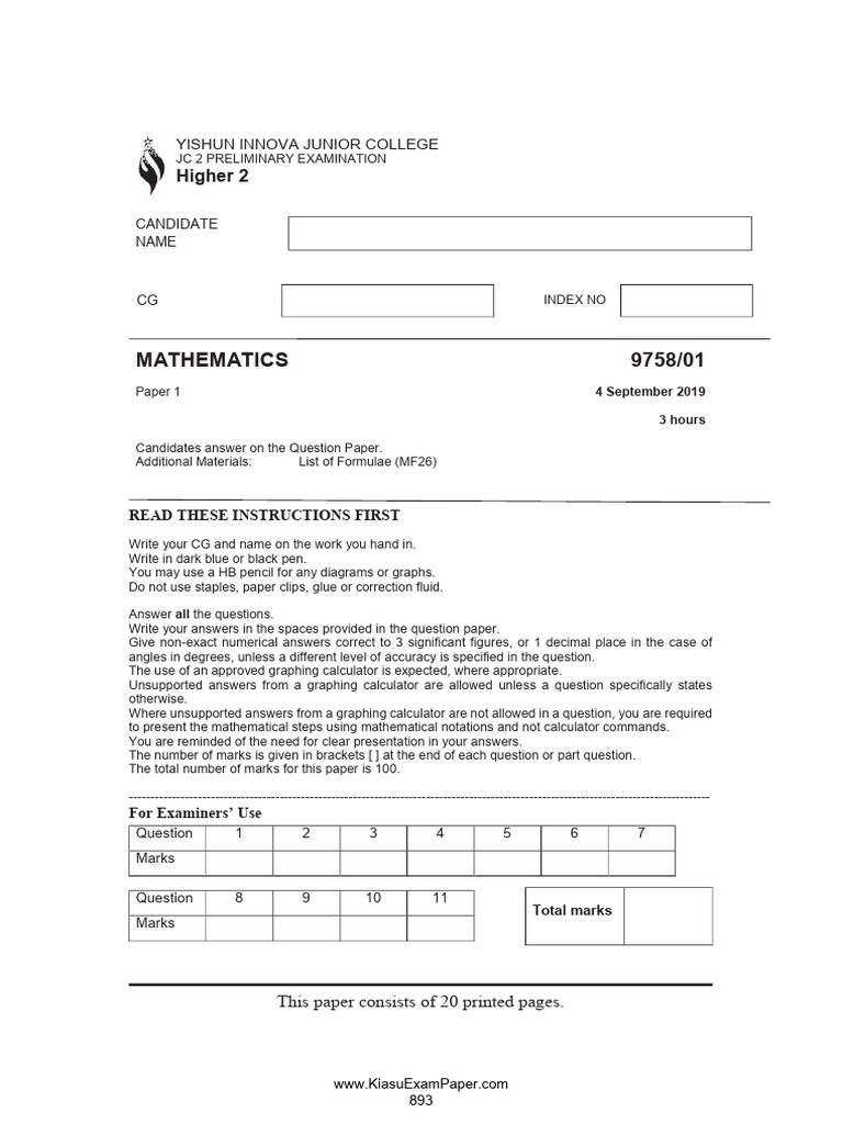JC2 Maths H2 2019 Yishun | PDF | Probability Distribution | Equations