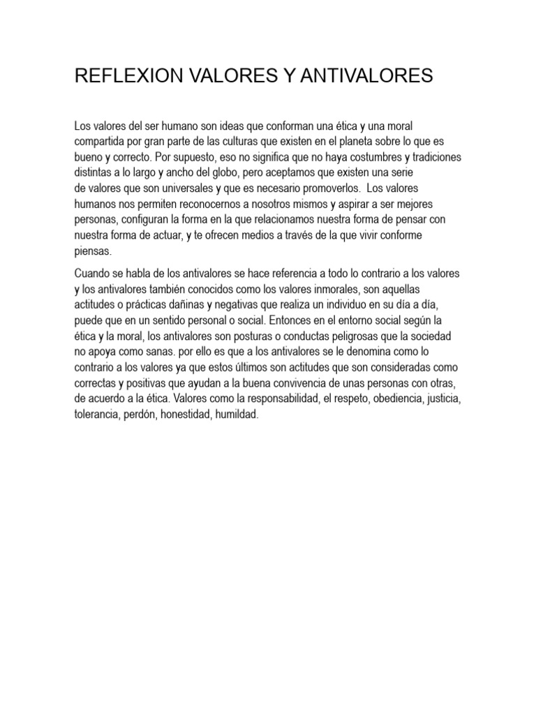 Reflexion Valores y Antivalores | PDF | Ciencias sociales