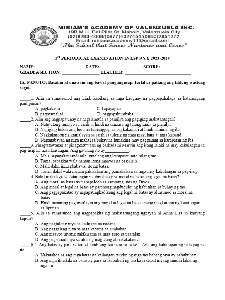3RD Periodical Exam - Esp 9 | PDF