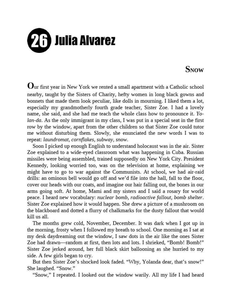 Snow by Julia Alvarez - Flash Fiction 72 Very Short Stories-56-57 | PDF