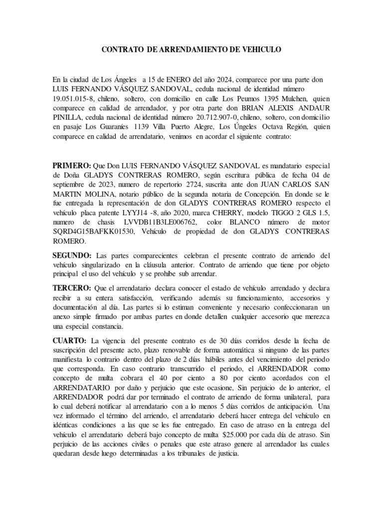 Contrato de Arriendo de Vehículo Motorizado (CHERY) | PDF | Licencia de ...