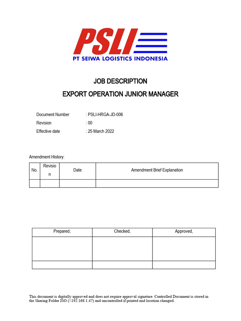 Jobdesc - Export Operation Junior Manager | PDF | Business
