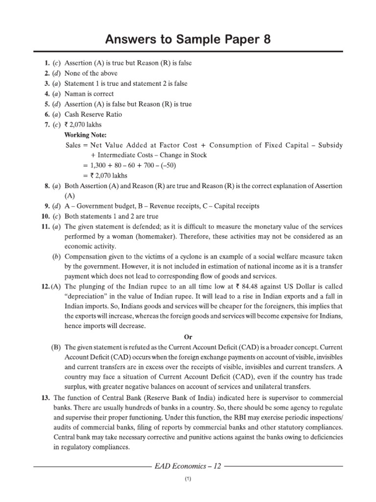 Cbse Cl12 Ead Economics Answers To Sample Paper 8 | PDF