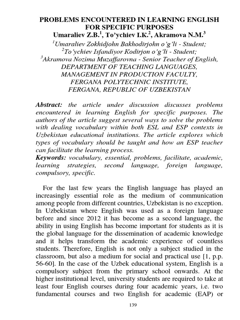 Problems Encountered in Learning English For Specific Purposes | PDF ...