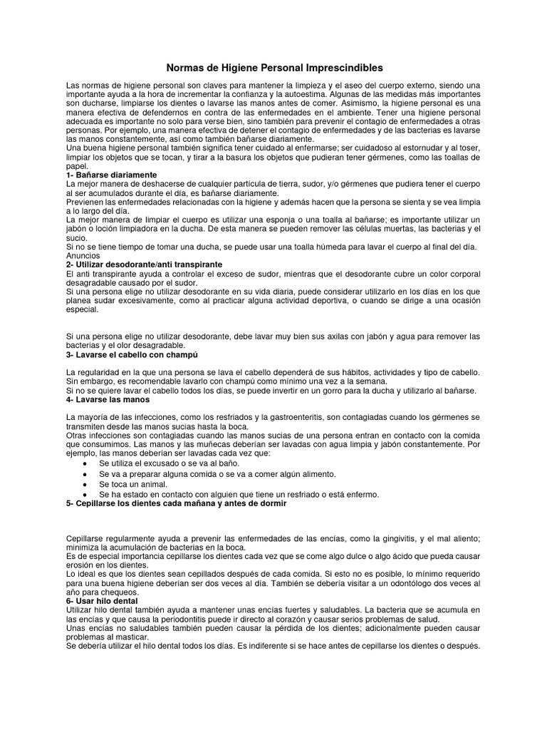 Normas De Higiene Personal Imprescindibles Pdf Higiene Lavado De