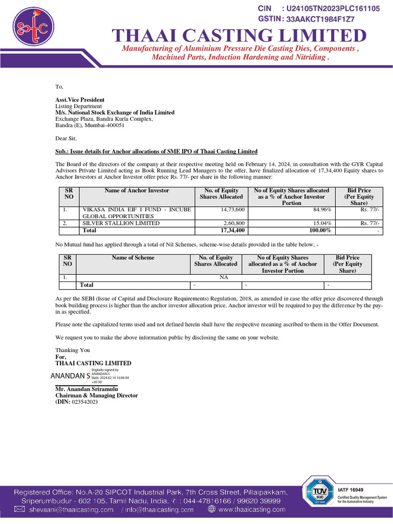 Thaai Casting Anchor Allocation Report | PDF