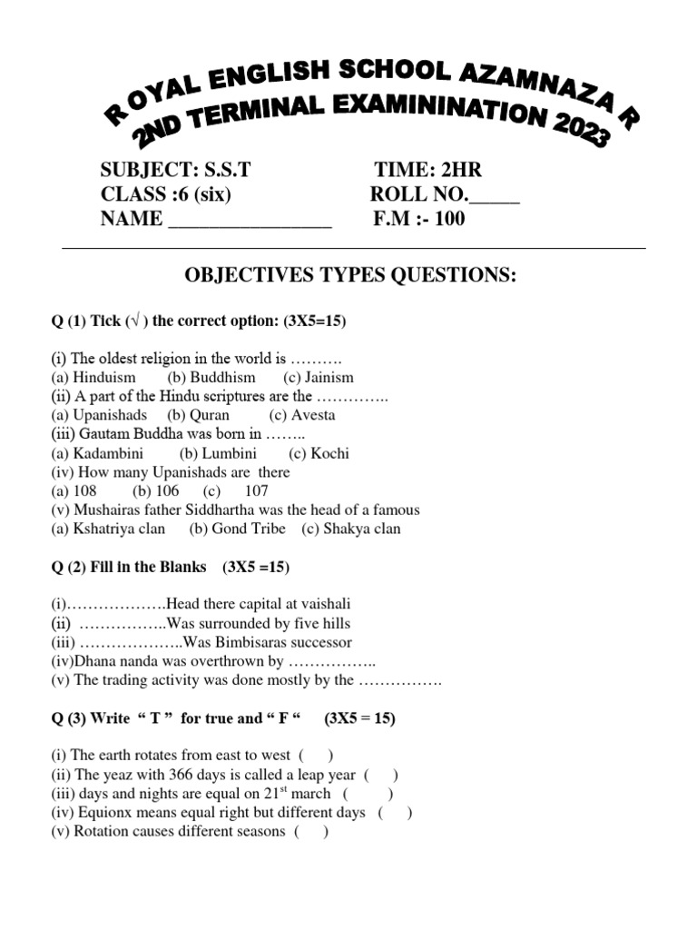Subject: S.S.T Time: 2Hr Class:6 (Six) Roll No. - NAME - F.M:-100 | PDF ...