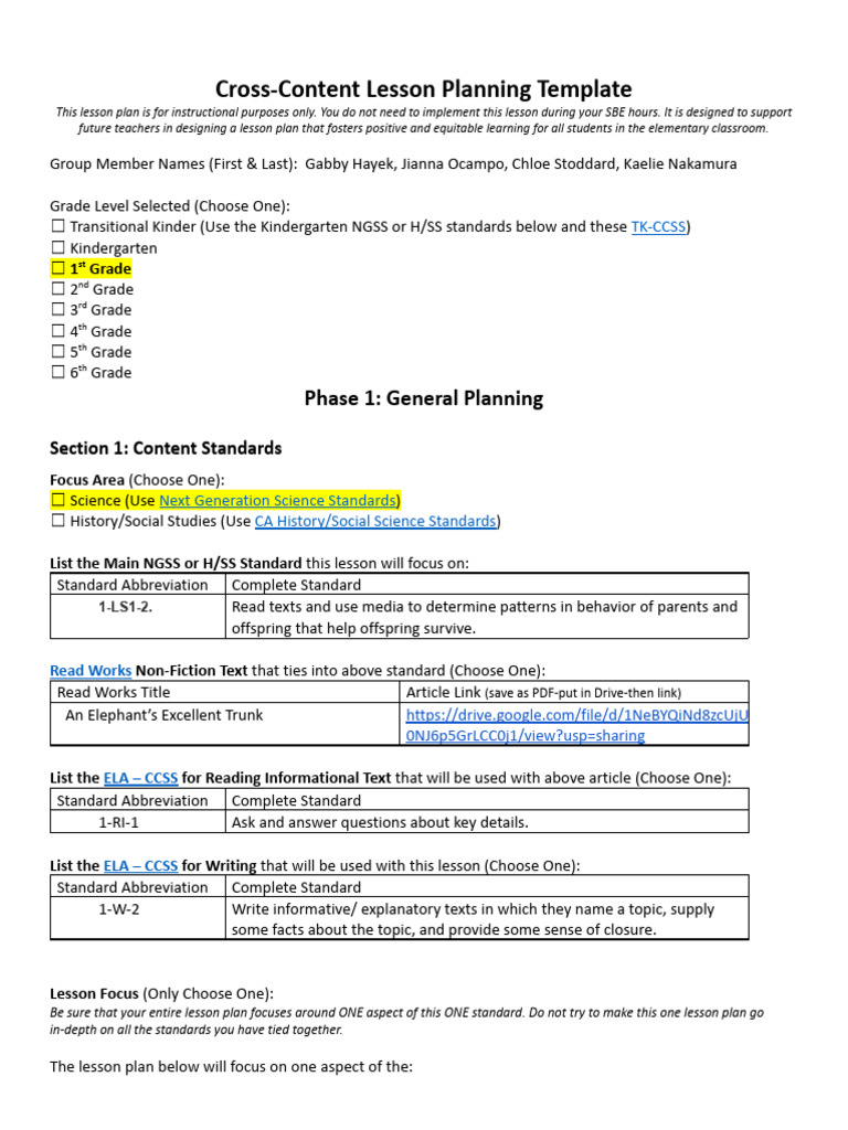 Cross-Content Lesson Planning Template | PDF | Reading Comprehension ...