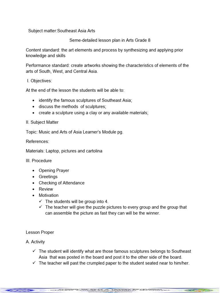 Lesson Plan in Arts Sculpture 8 | PDF | Sculpture | Lesson Plan