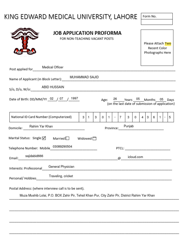 Job Application Proforma For Non Teaching Vacant Posts | PDF ...