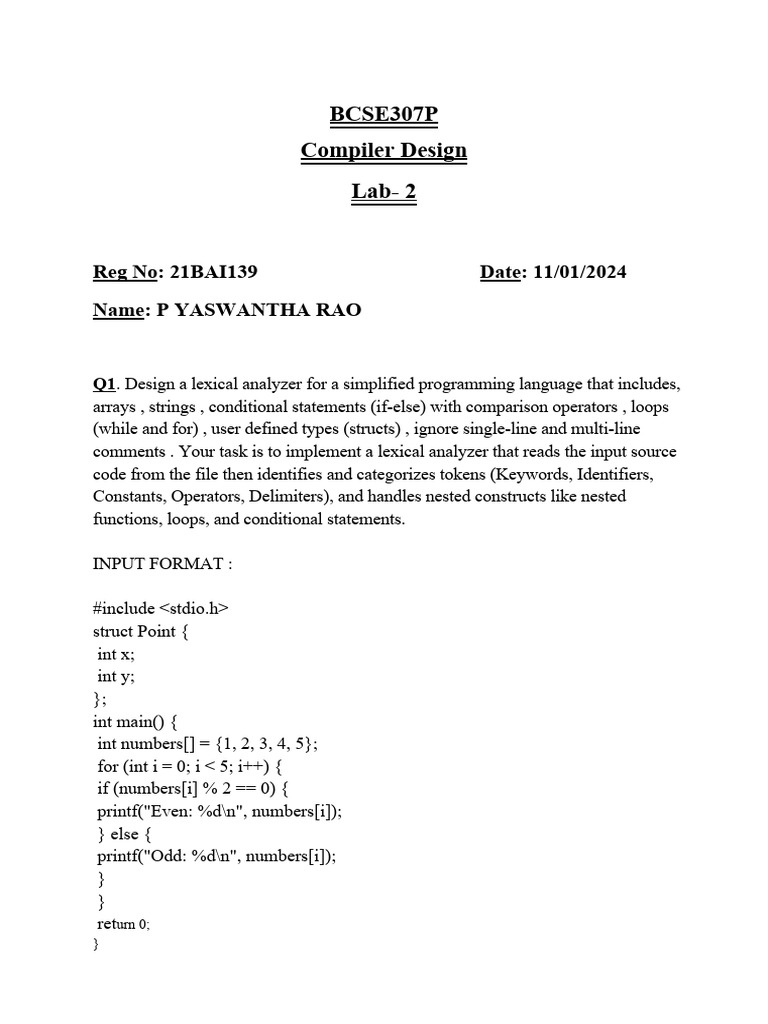 21BAI1391 Complier Design Lab 2 | PDF | Computer Engineering | Information Technology