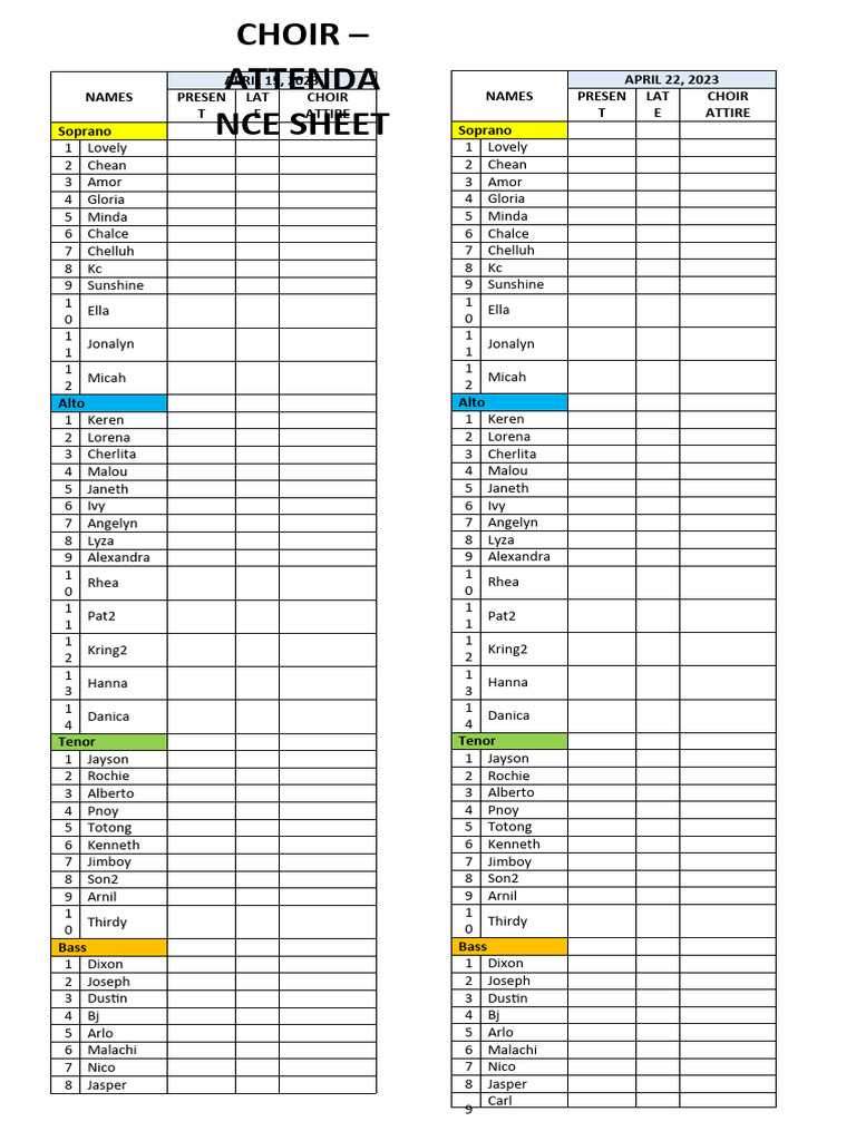 Choir Attendance Sheet | PDF | Choral Music | Singing