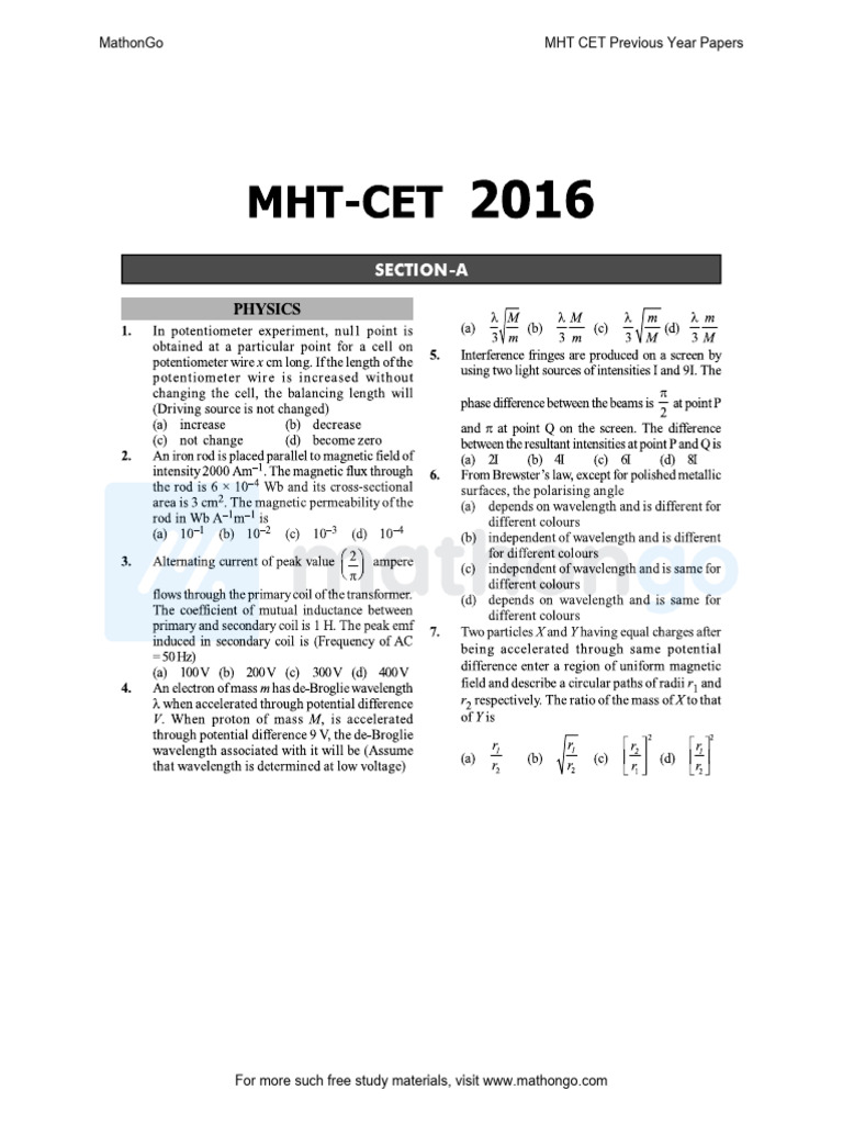MHT Cet 2016 PCM | PDF