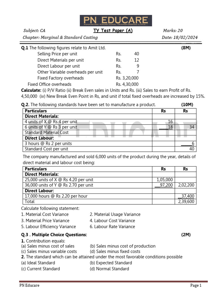 Marginal & Standard Costing (Set A) Solutions | PDF | Variance | Cost ...