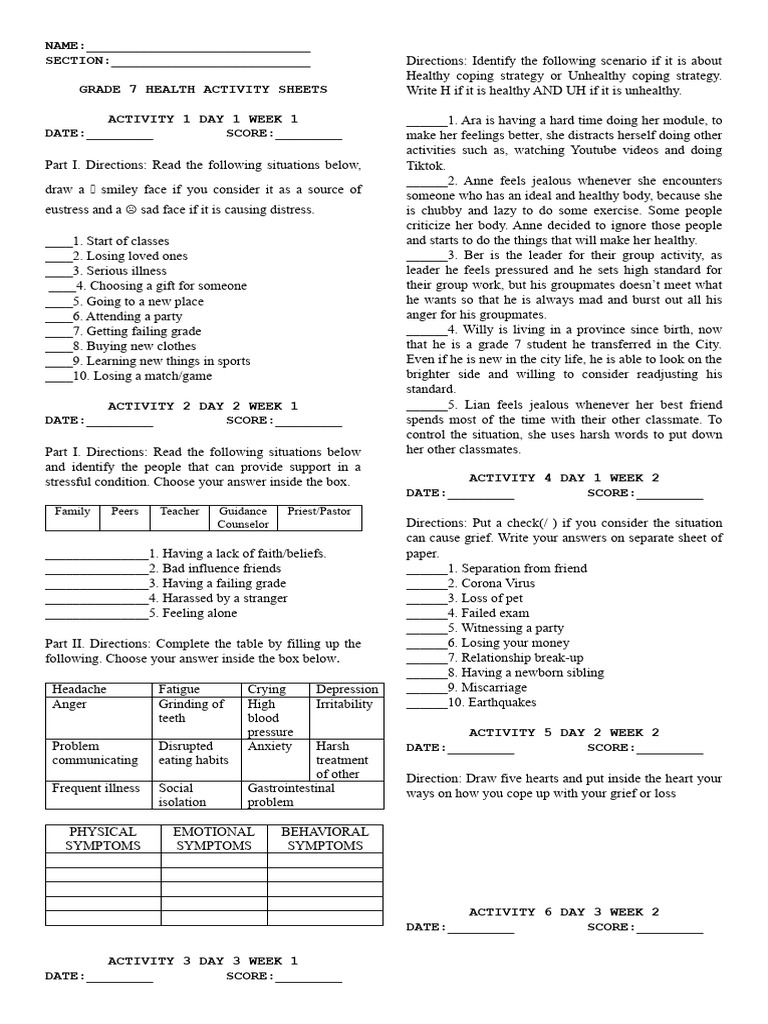 Grade 7 Health Activity Sheets | PDF | Mental Disorder | Grief