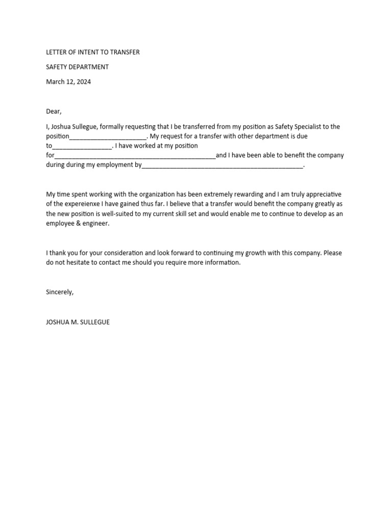 Letter of Intent To Transfer | PDF | Business | Psychological Concepts