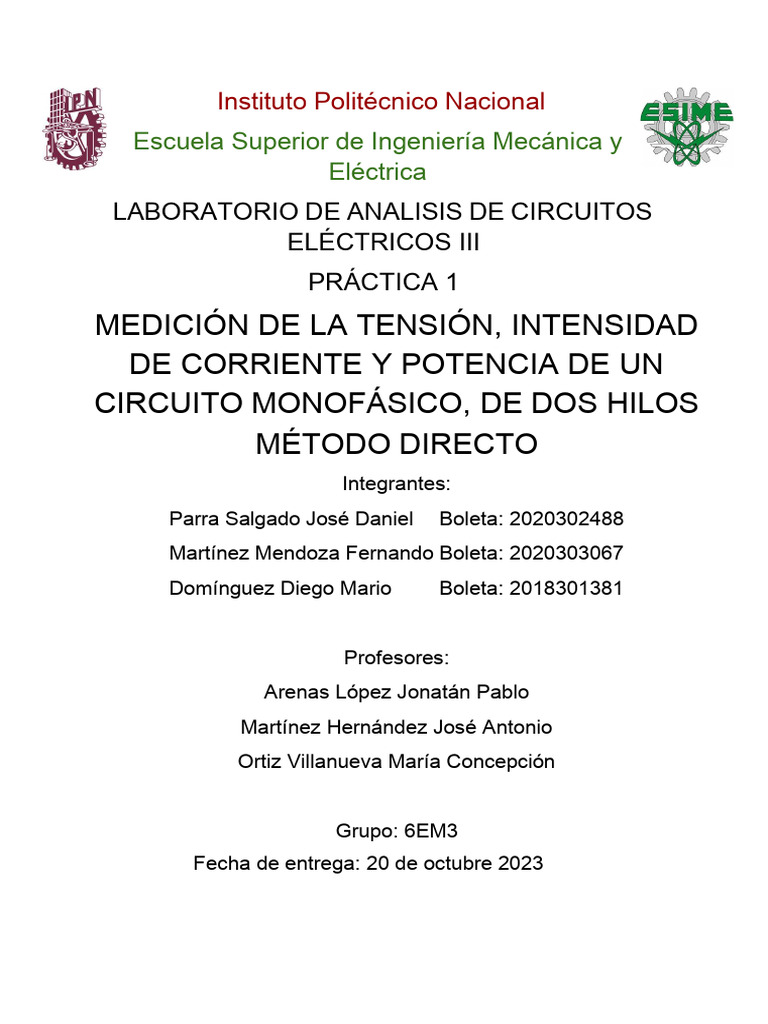 Medición de La Tensión, Intensidad de Corriente y Potencia de Un Circuito Monofásico, de Dos ...