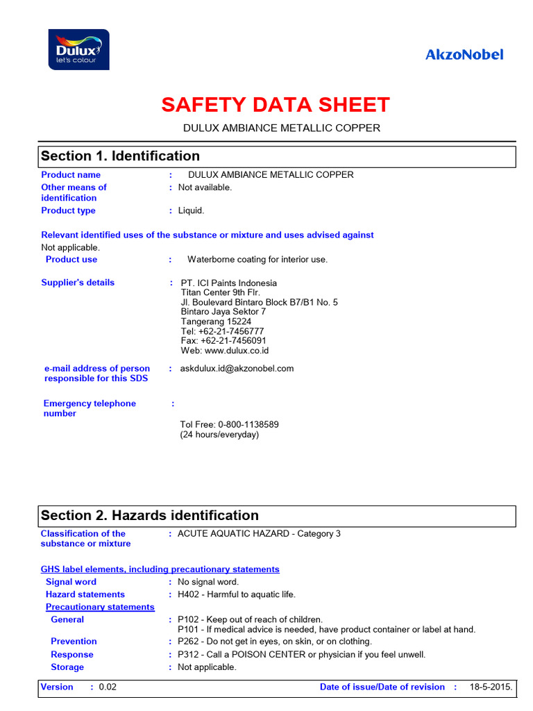 Sds Dulux Ambiance Metallic Copper | Download Free PDF | Safety | Materials
